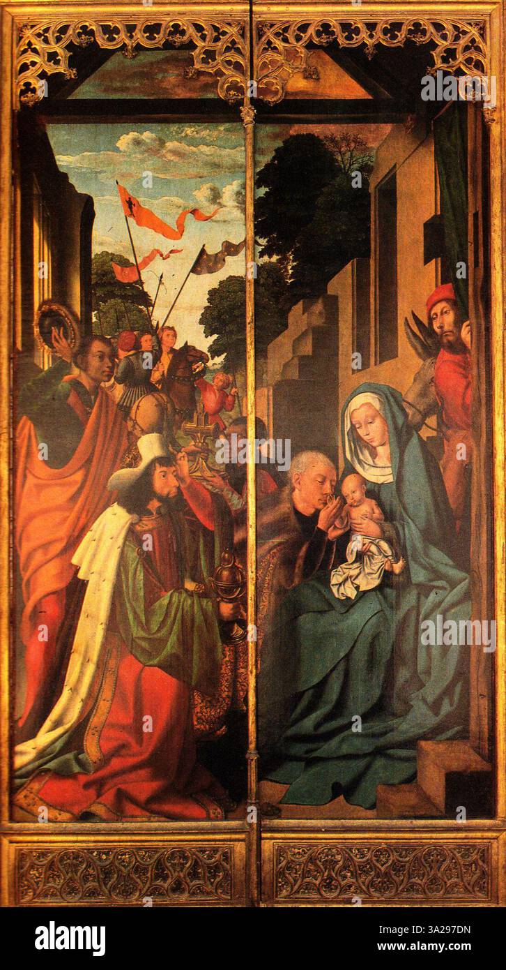 These shutters from an altarpiece by the Master of the Morrison Triptych depict two key Nativity ...