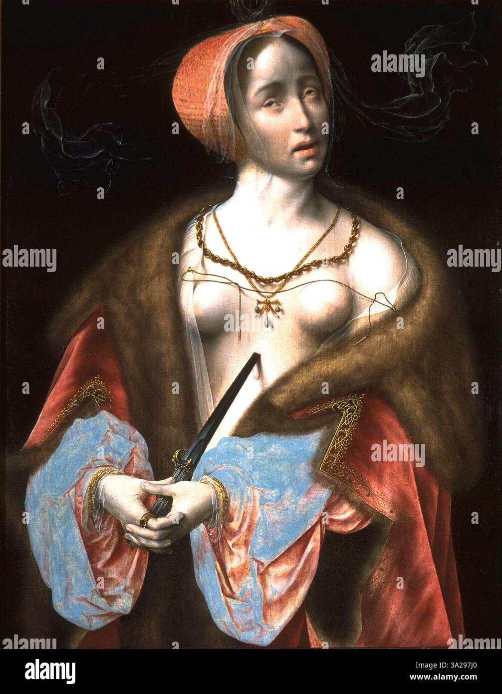 Joos van Cleve's 'Lucretia' portrays the legendary Roman noblewoman Lucretia, who, after being ...