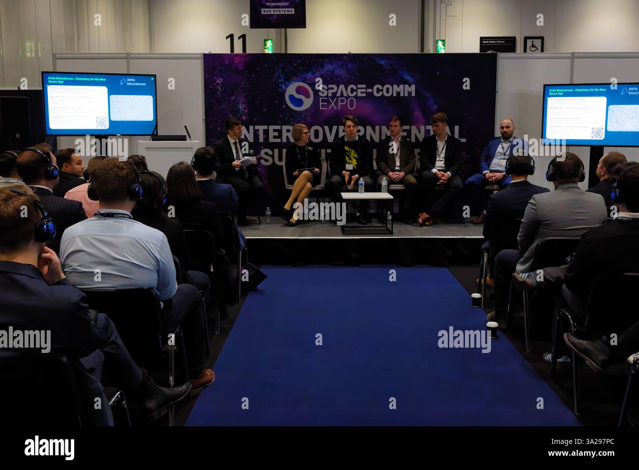 Speakers and audience at the Space.comm expo at the Excel centre ...