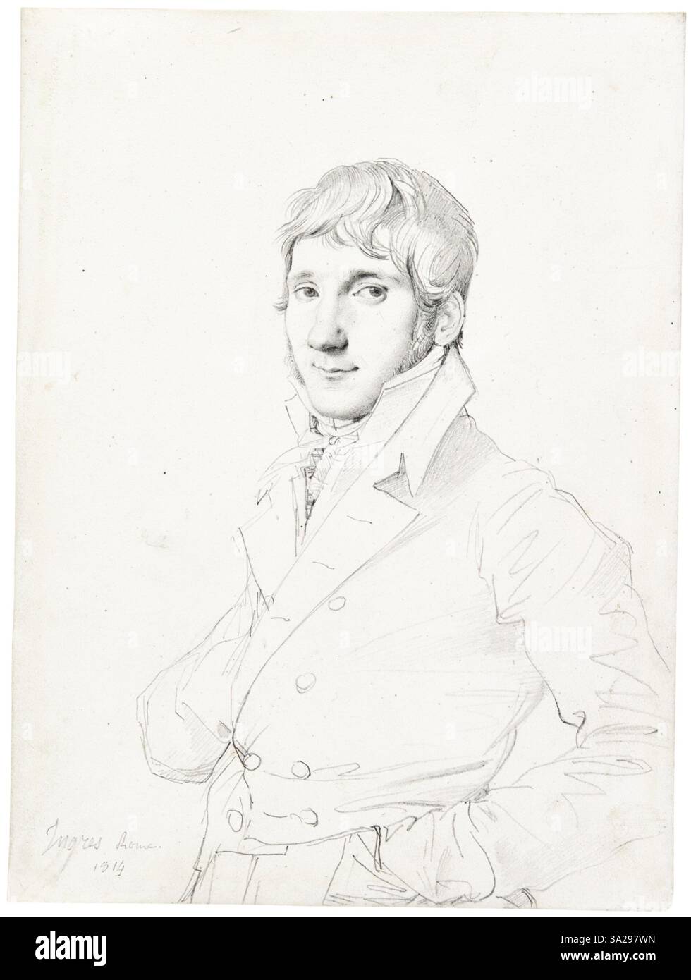 This portrait depicts a young man in a waist-length pose, with one hand ...