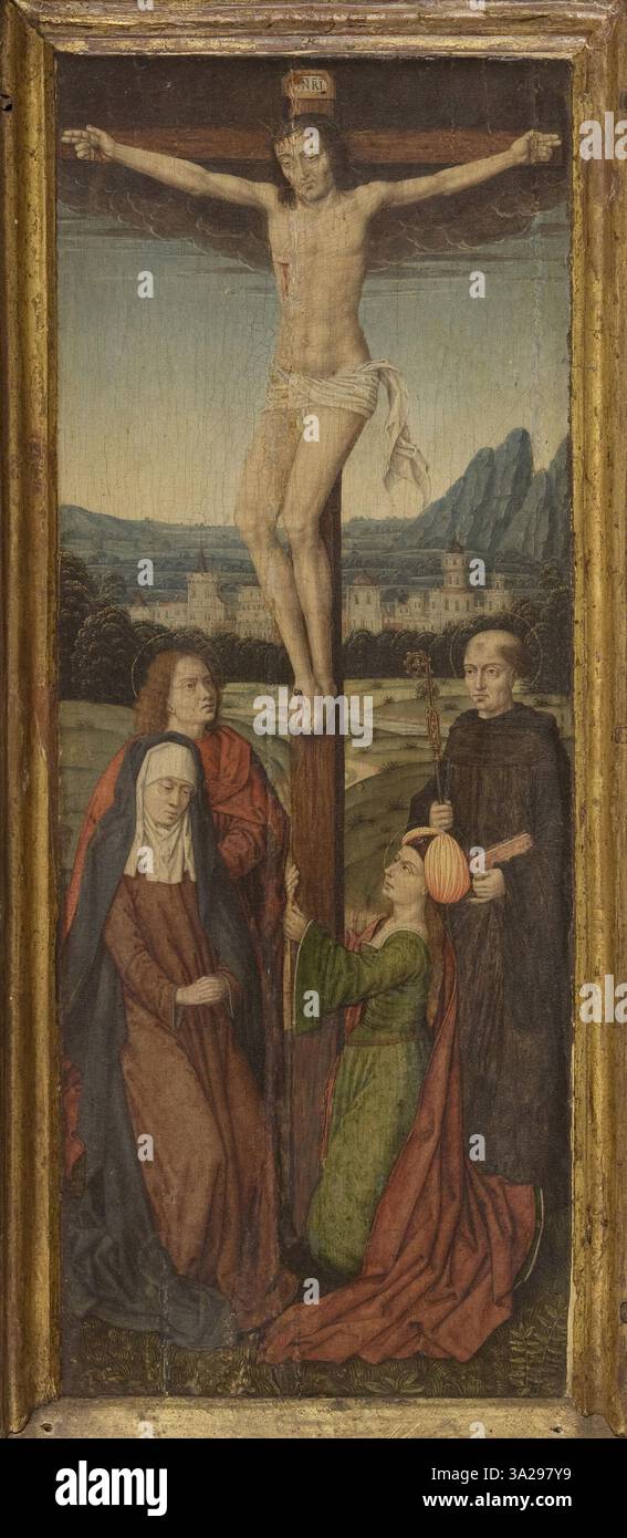 This painting attributed to the Master of the Legend of Saint Ursula depicts the Crucifixion ...