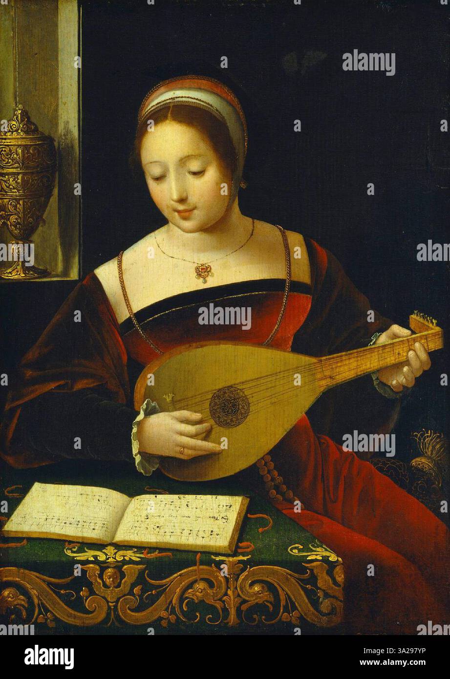 This painting depicts a woman playing the lute, capturing both the ...