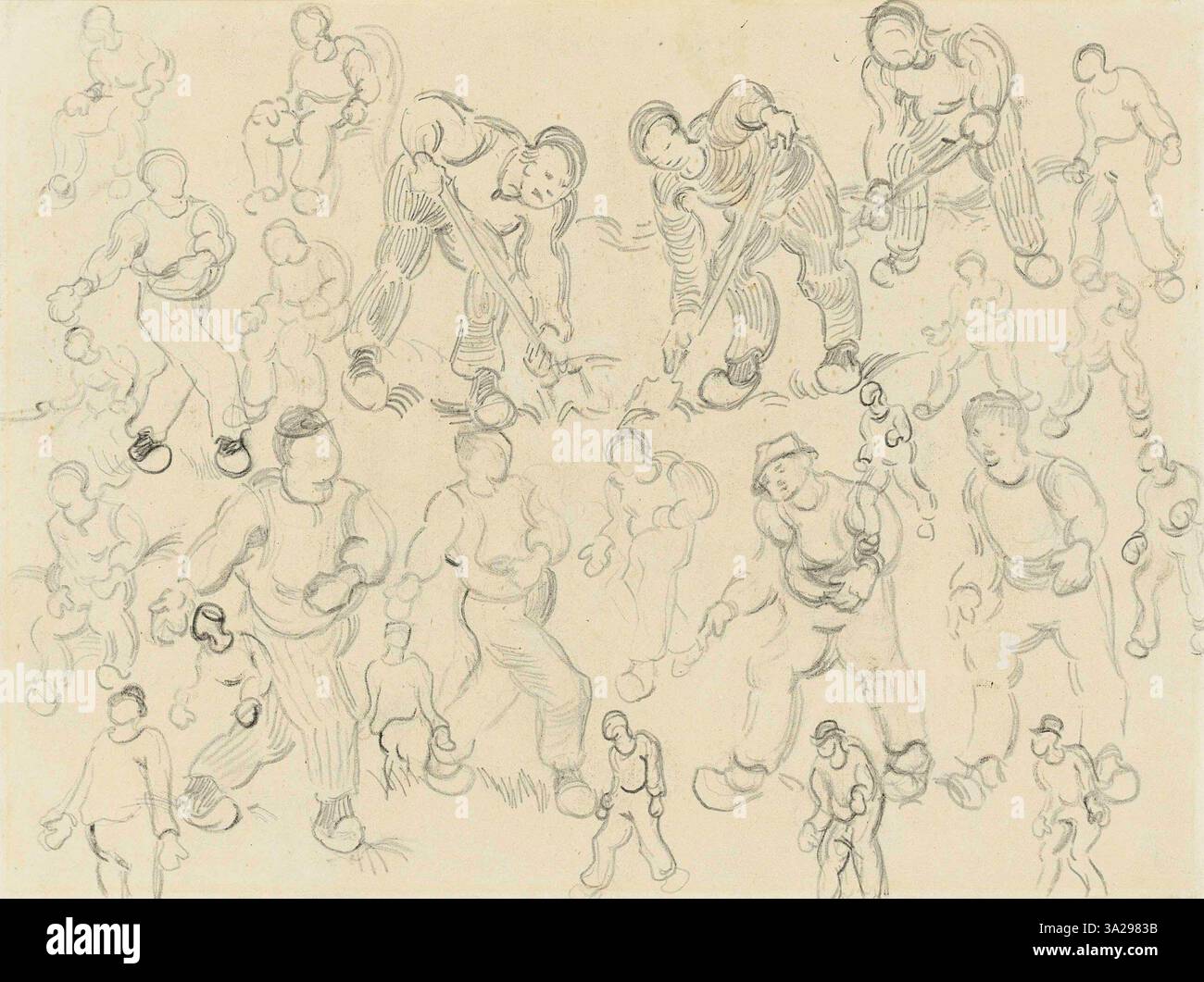 This drawing features studies of peasants engaged in agricultural work ...