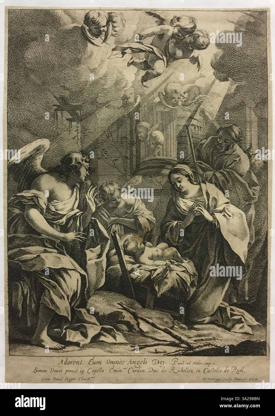 This engraving of Christ’s birth takes place in classical ruins, with ...