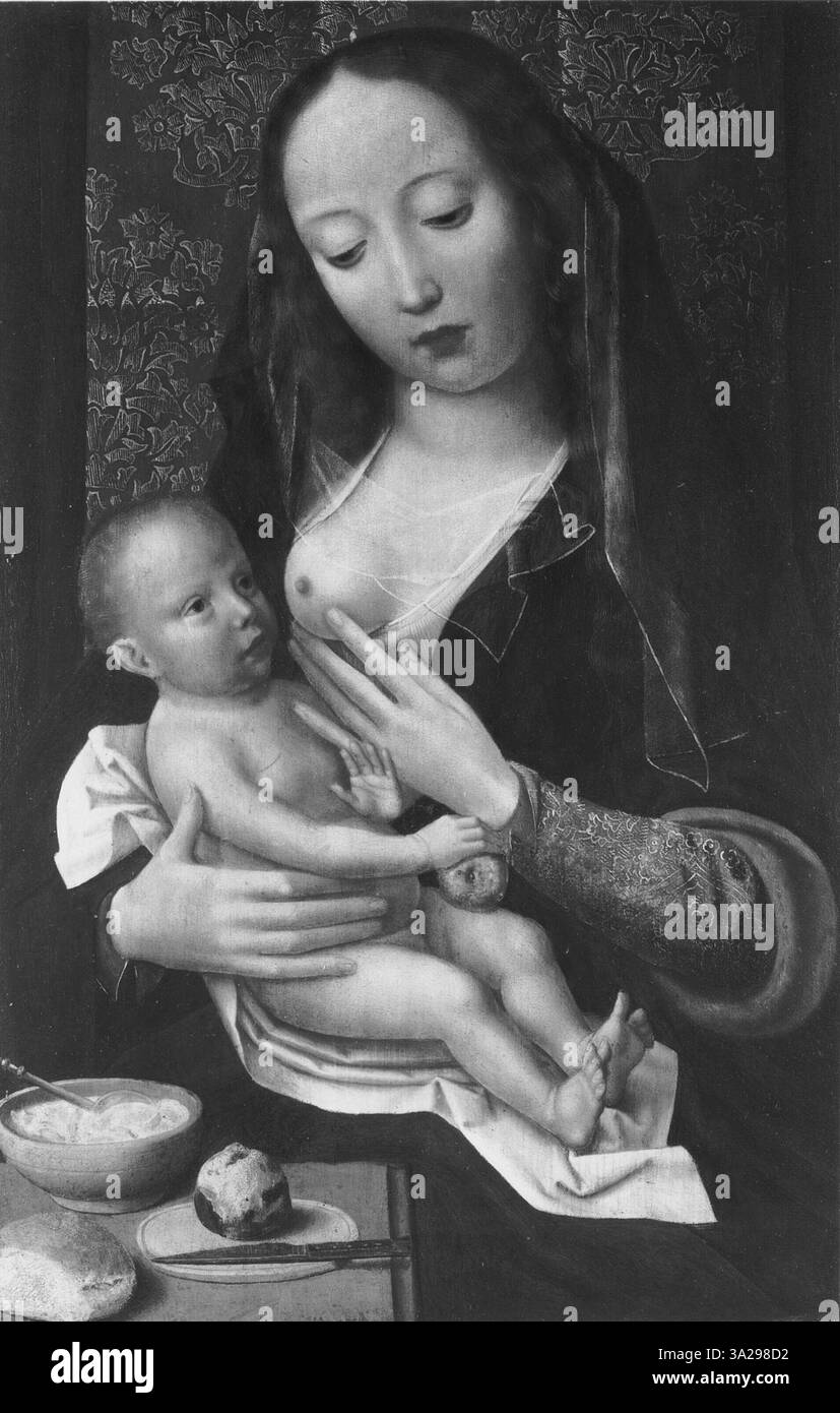 This work, attributed to the Circle of Adriaen Isenbrandt, depicts the Virgin Mary holding the ...