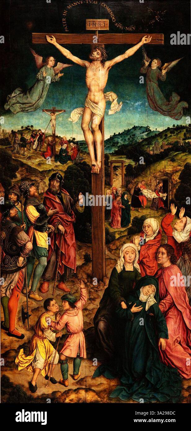This work by Albrecht Bouts depicts the Crucifixion of Christ, capturing the moment of His ...