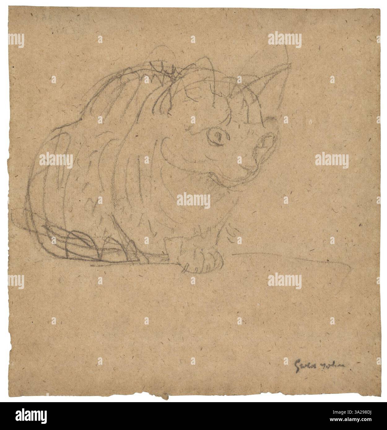 This painting shows a tabby cat crouching, with an emphasis on the cat ...