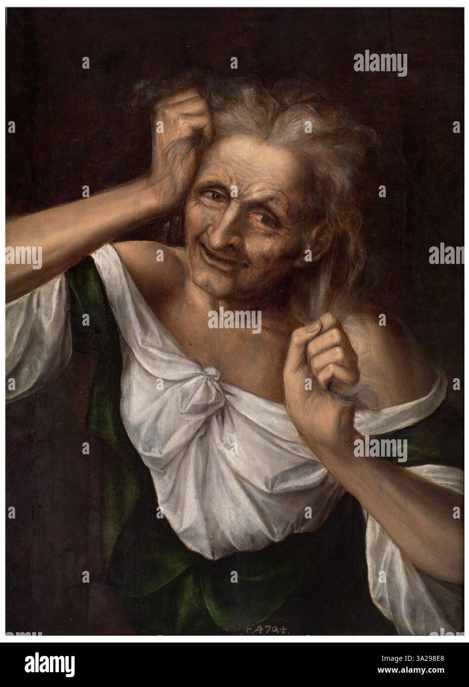 This painting, attributed to the circle of Jan Massys, portrays an elderly woman pulling her ...