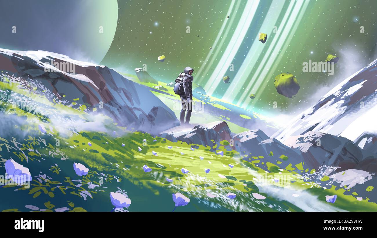An astronaut stands on a vibrant landscape surrounded by floating rocks and gazes at the massive ...