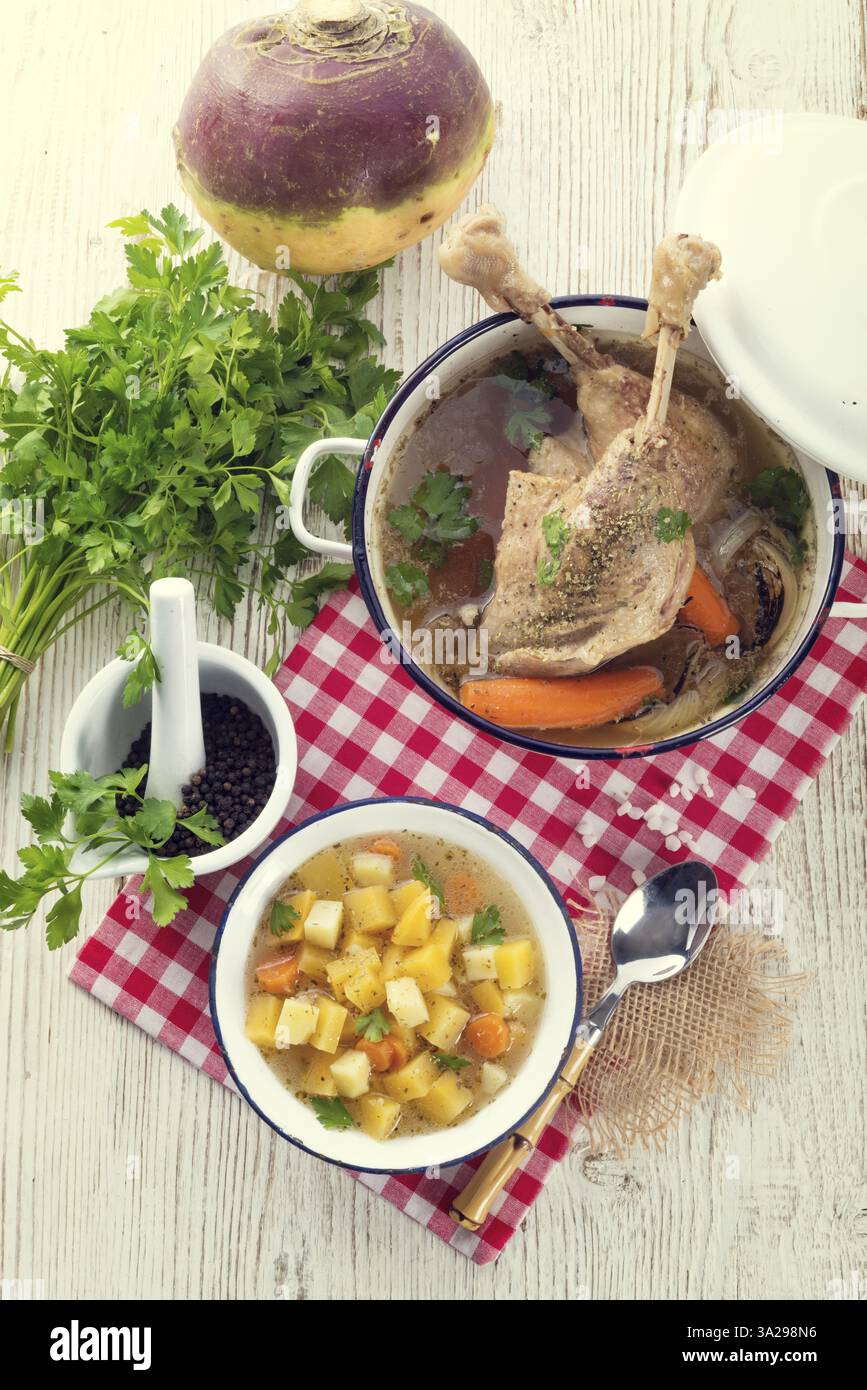 Turnip soup with goose meat Stock Photo - Alamy
