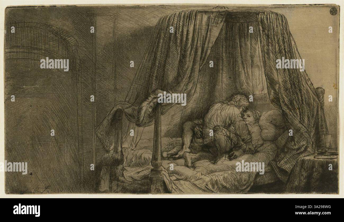 Rembrandt’s 1646 etching *Het Ledikantje* depicts a domestic interior ...