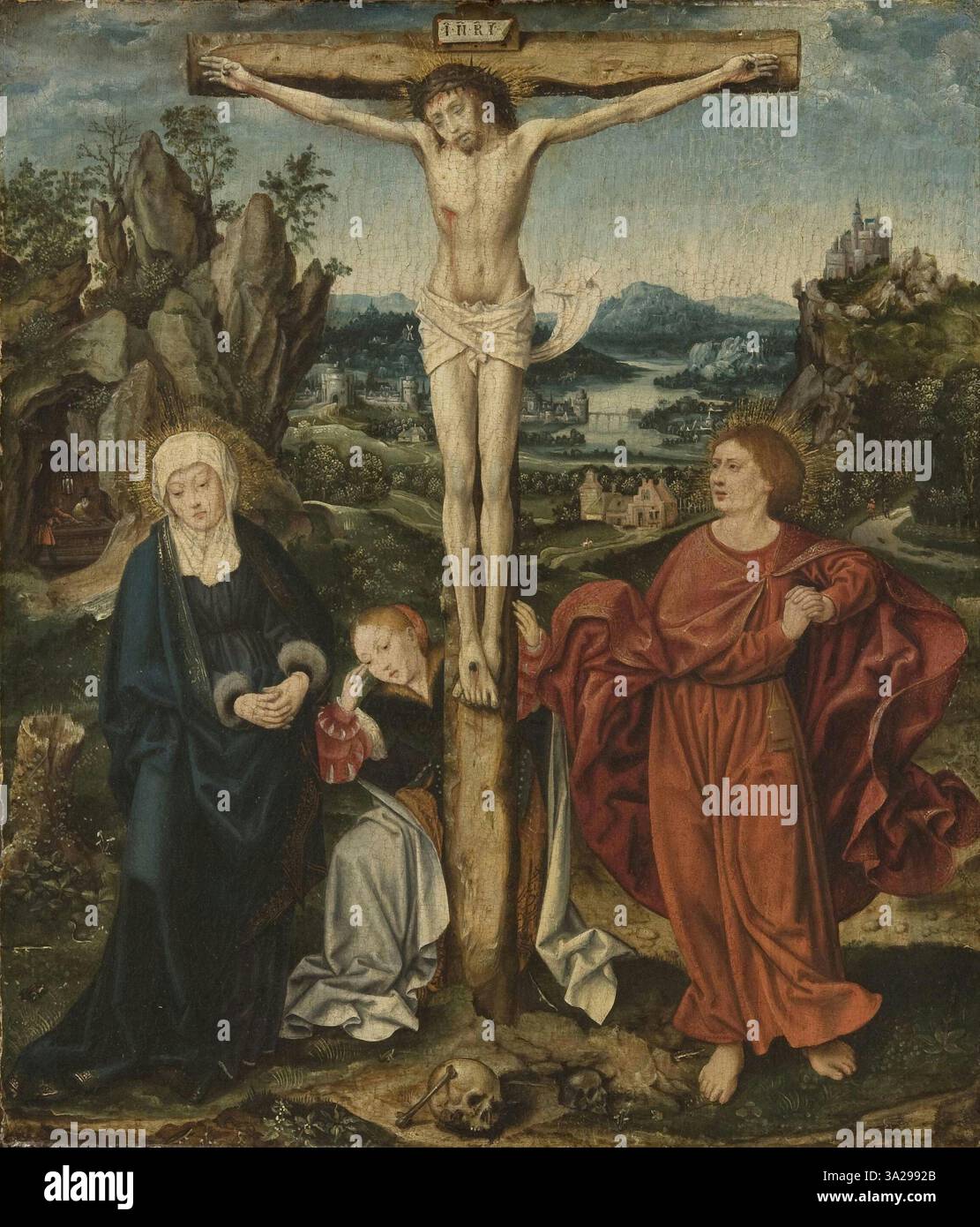This painting, attributed to a follower of Joos van Cleve, portrays the Crucifixion of Jesus ...