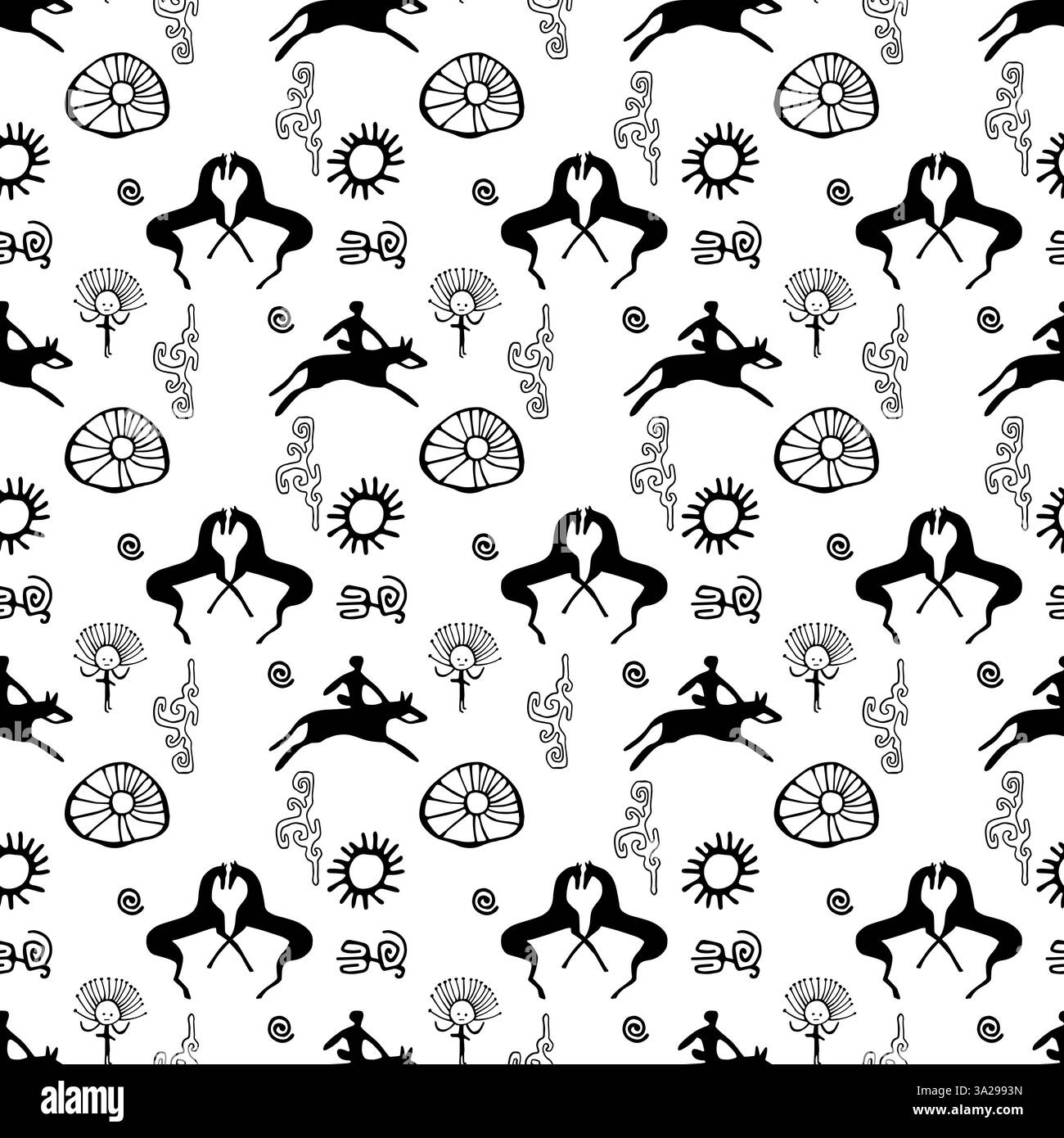 Seamless pattern with Kyrgyz petroglyphs featuring warriors, horses ...