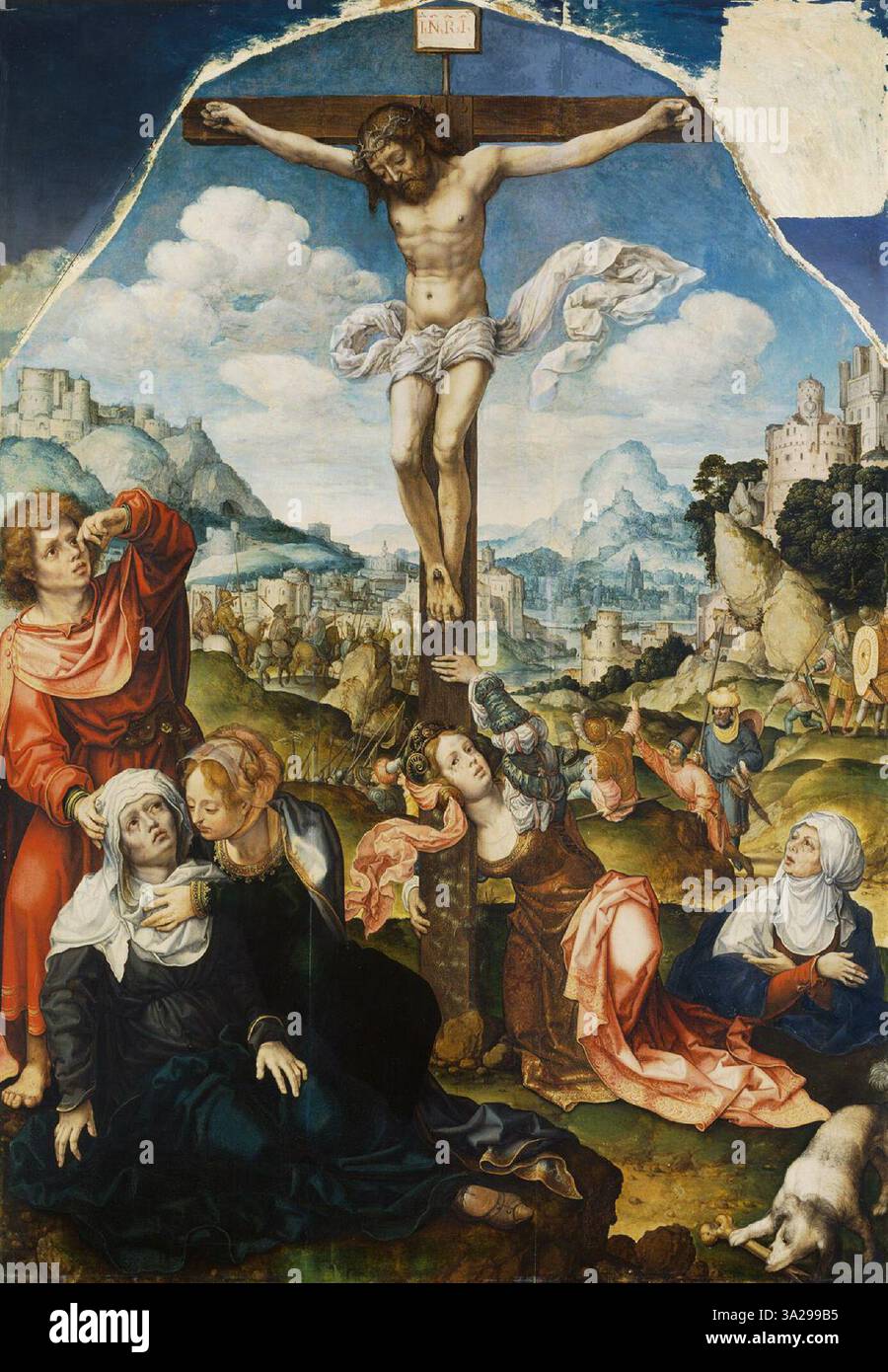 This painting attributed to Jan Gossaert or his workshop portrays the Crucifixion of Christ ...