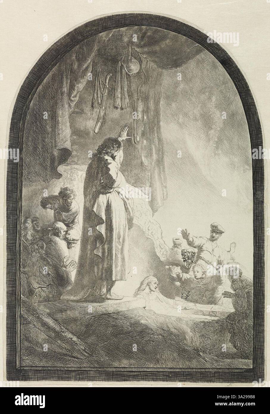 This etching, *The Raising of Lazarus*, depicts the biblical moment when Christ raises Lazarus ...