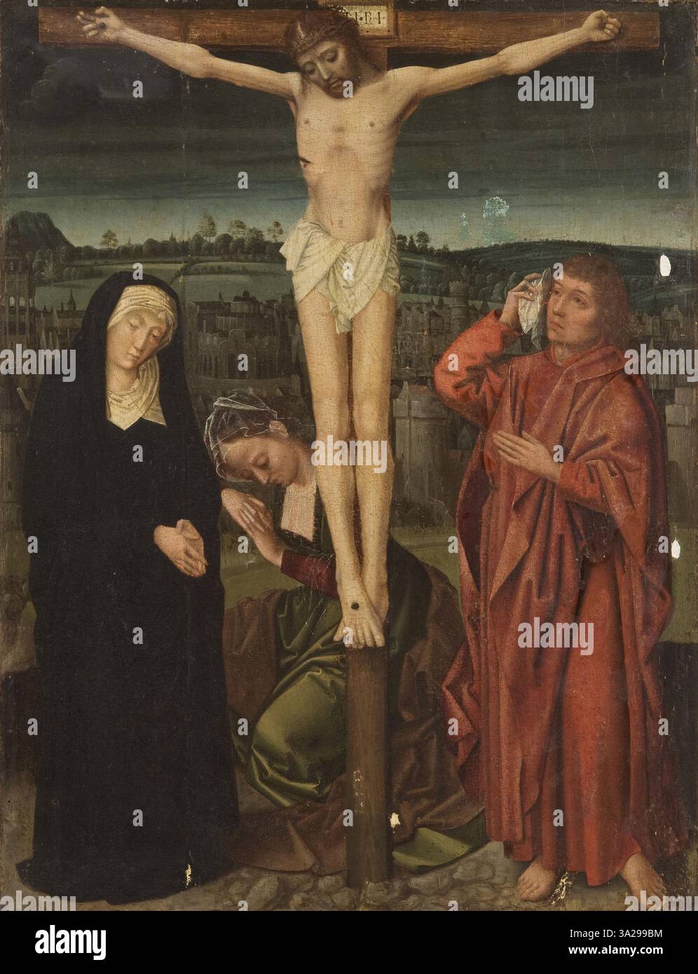 The 'Crucifixion' by the Workshop of Adriaen Isenbrandt features Christ on the cross, surrounded ...