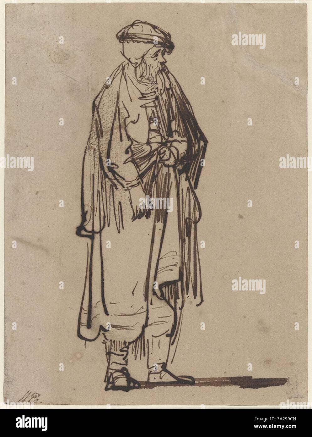 This drawing depicts a standing man in a long coat, emphasizing the ...