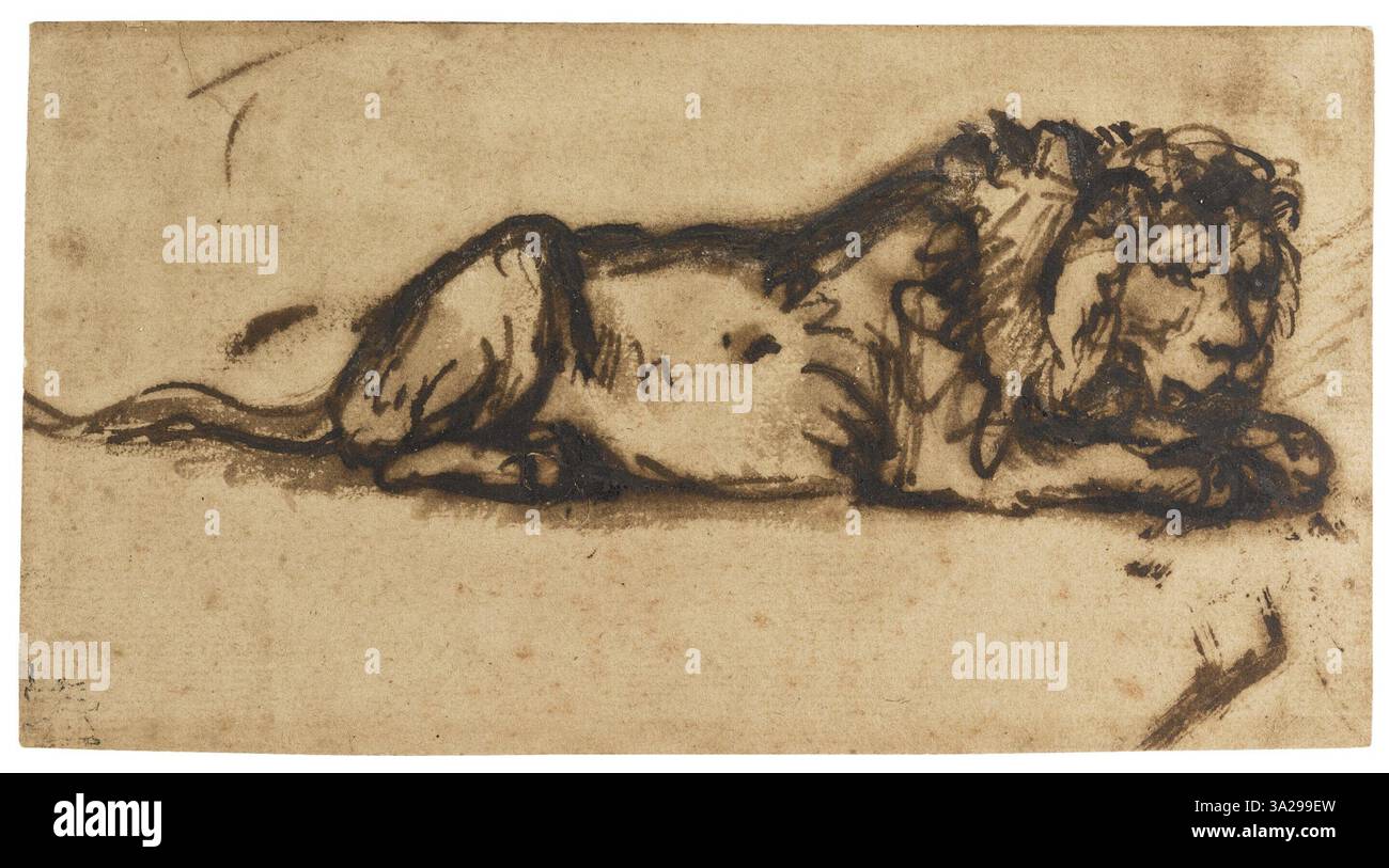 This artwork depicts a recumbent lion, focusing on the form and ...