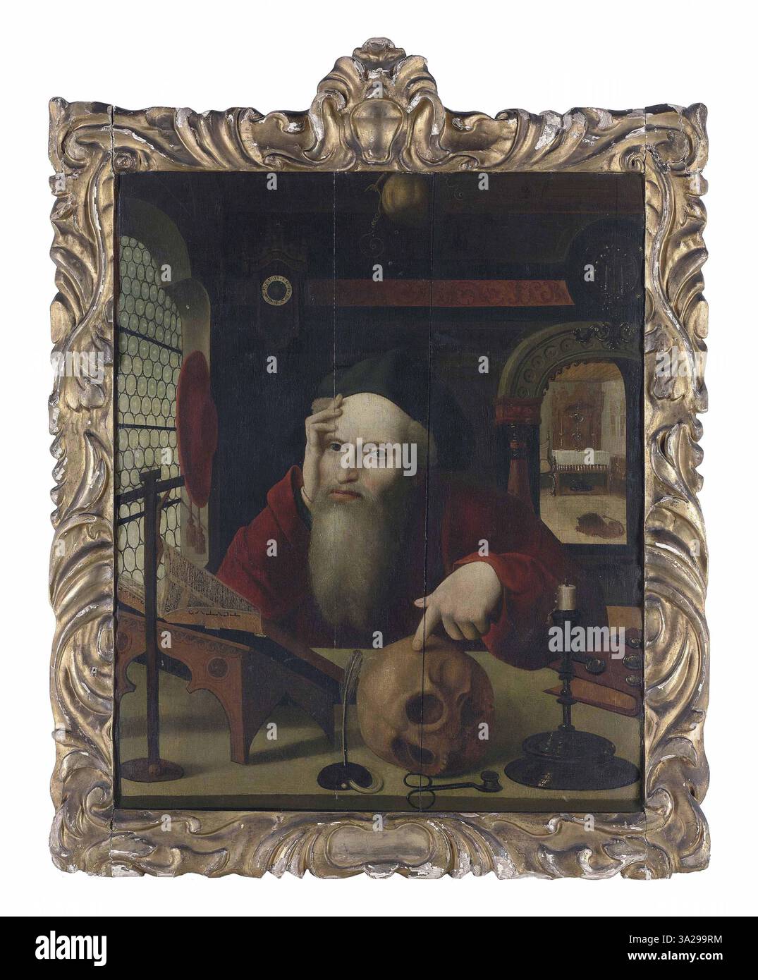 This painting depicts Saint Jerome in a thoughtful pose within his ...