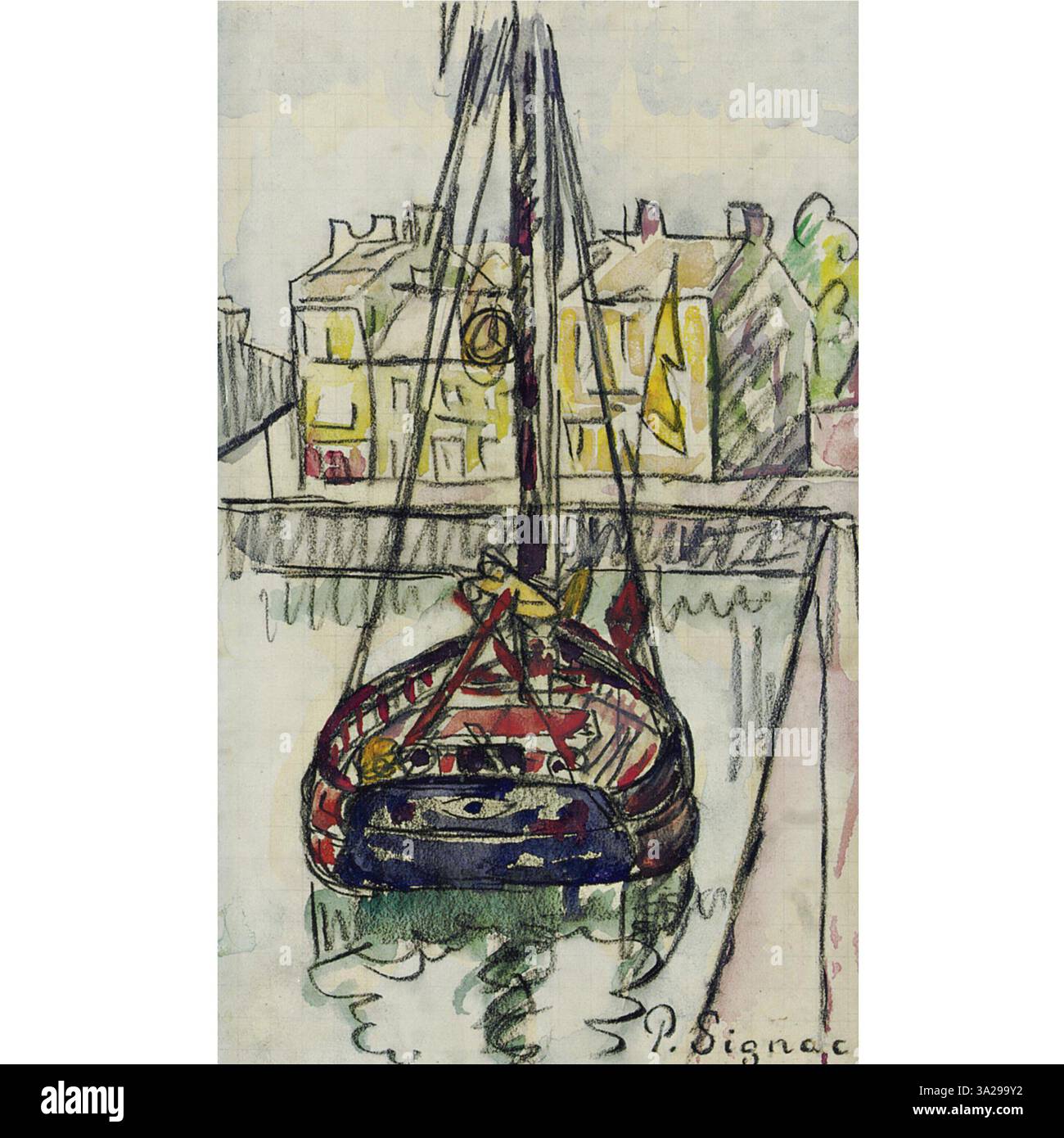 This artwork shows a sailboat docked in the harbor, with Signac’s ...