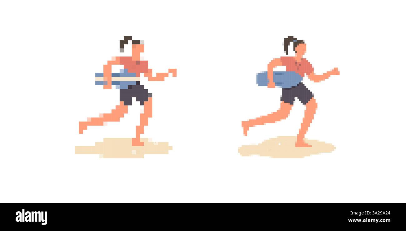 Pixel art surfers running with boards and ready for their wave ...