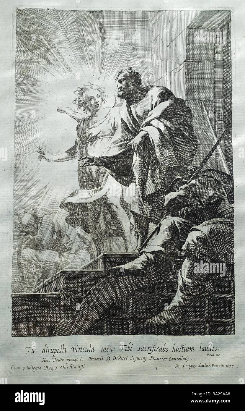 This engraving depicts St. Peter being freed from prison by an angel ...
