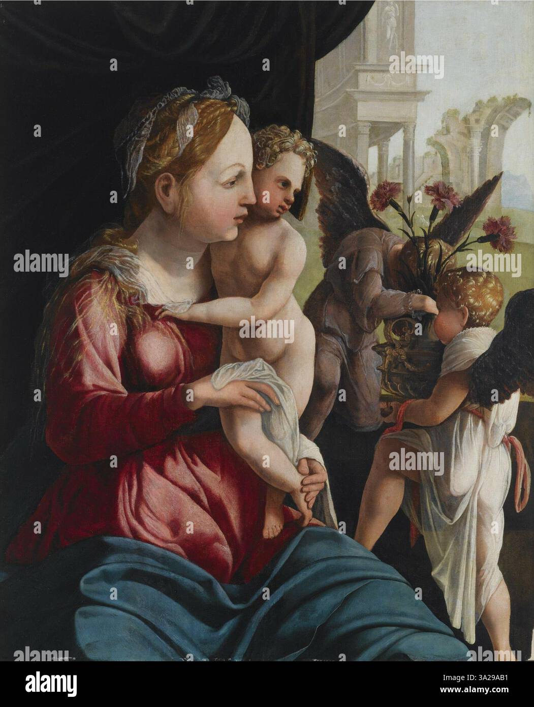 This artwork, attributed to a follower of Jan van Scorel, depicts the Madonna and Child with two ...