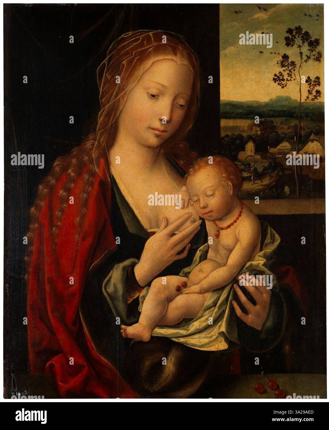 Maestro del Papagayo, 16th century, Madonna breastfeeding the Christ Child. This oil on panel ...