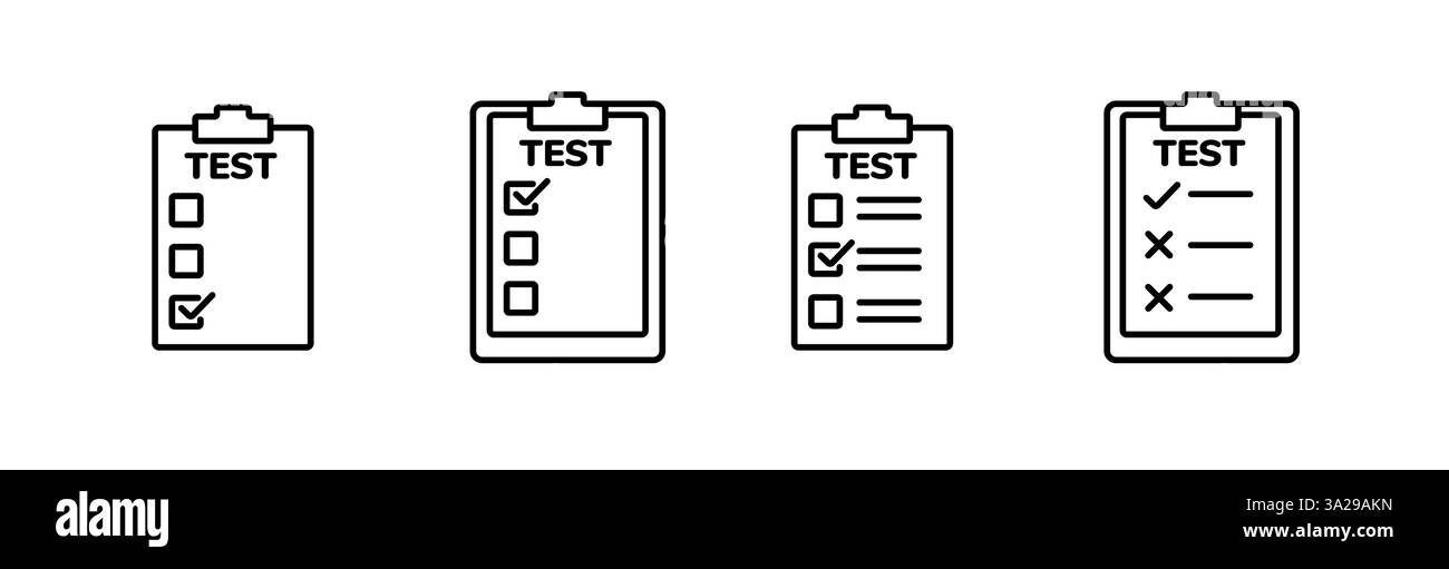 Various simple line drawings of different checklist and test clipboards ...