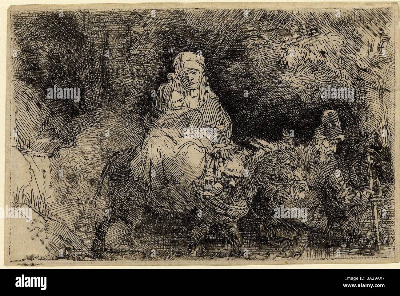 An etching by Rembrandt that skillfully uses dramatic contrast between ...