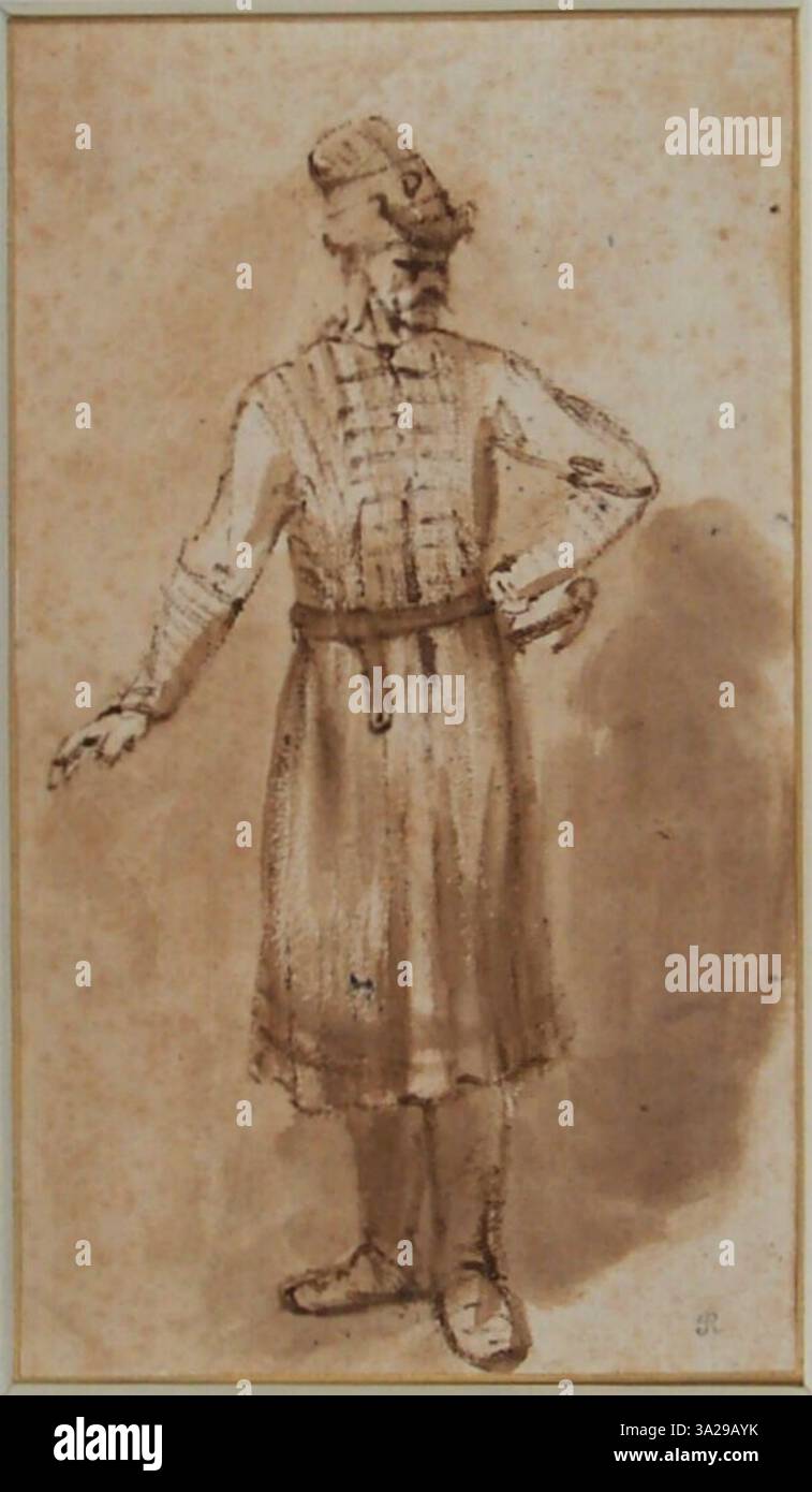 This artwork by Rembrandt depicts a standing Oriental soldier. The ...