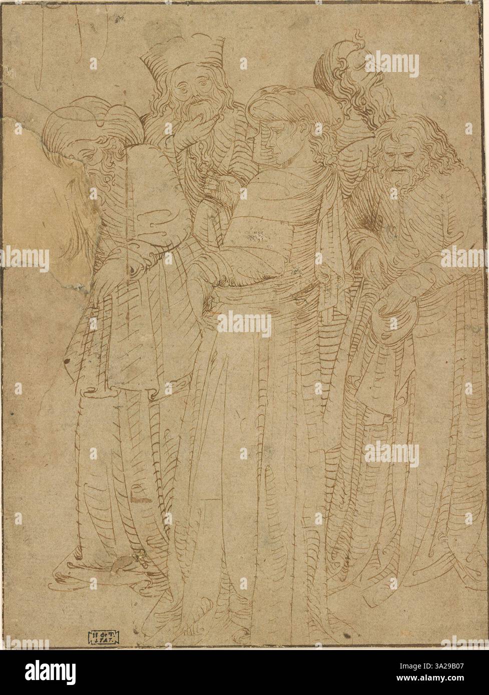 This 15th-century artwork depicts five standing men, showcasing the ...