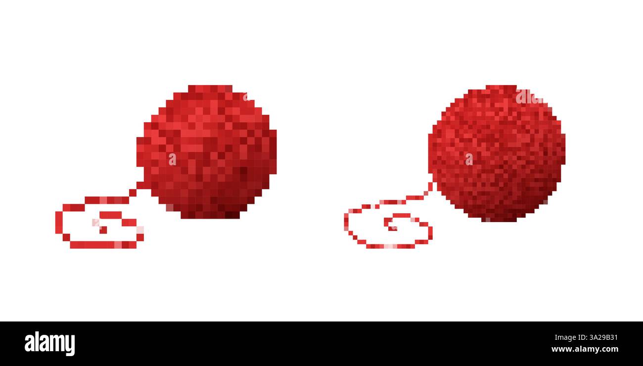 Pixelated red yarn balls show two versions with different levels of ...