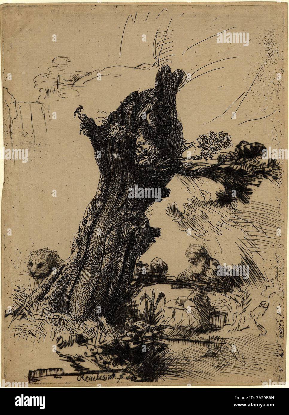 This etching by Rembrandt uses strong contrasts of light and shadow to ...