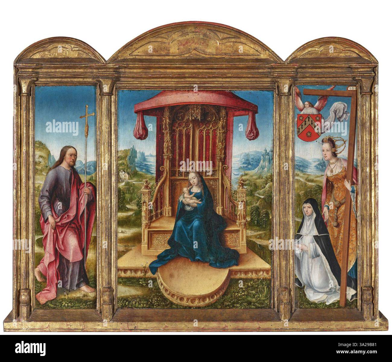 The central panel of this triptych by the Master of the Magdalene Legend depicts the Virgin and ...