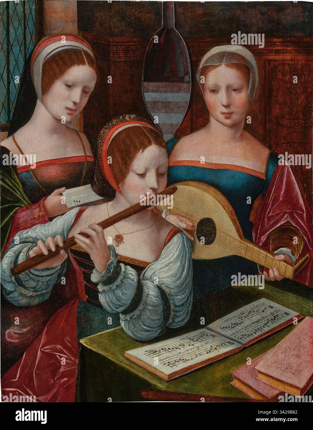 This artwork depicts a musical scene with a singer, flautist, and ...