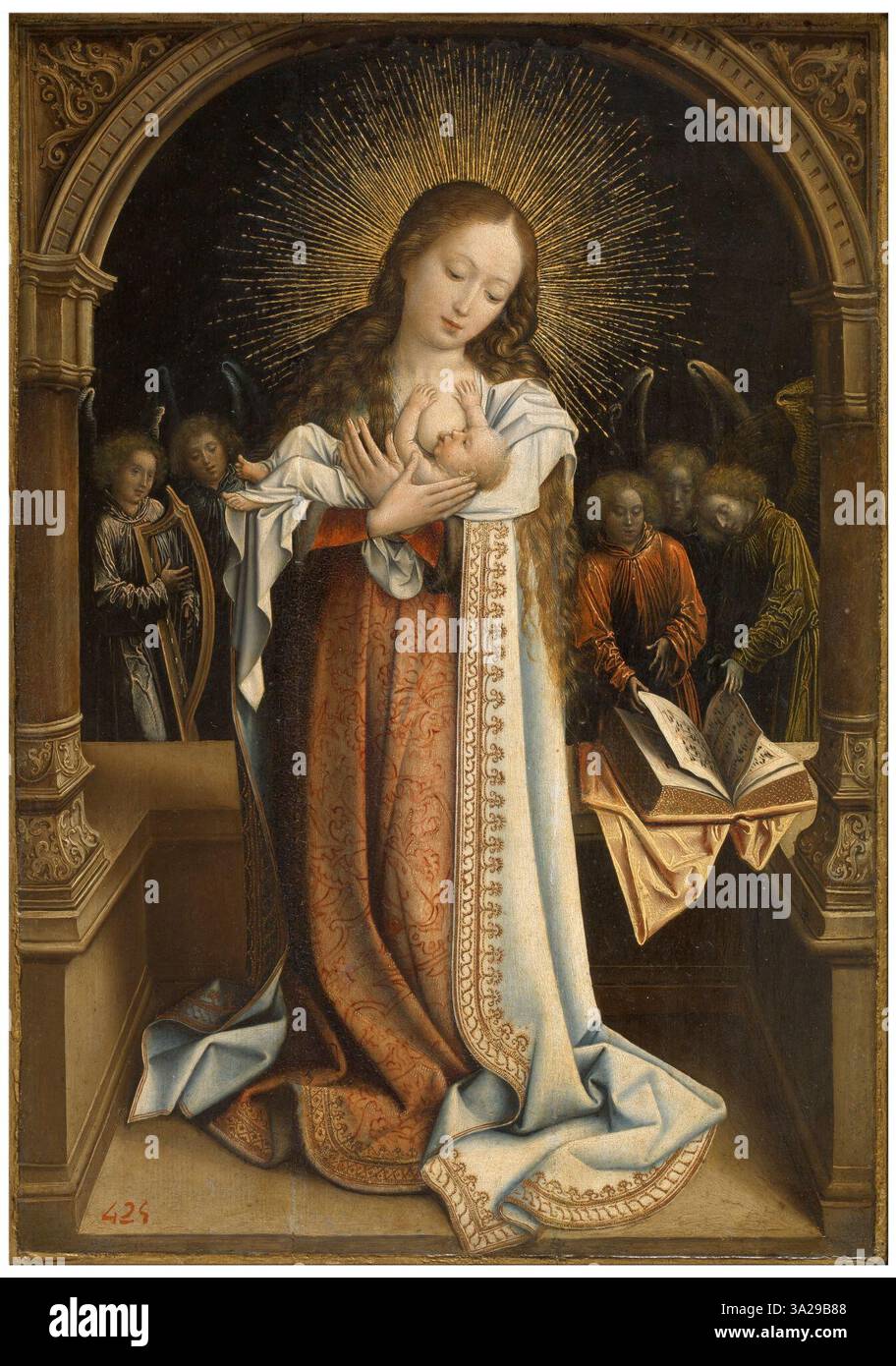 This painting, 'The Virgin of the Milk,' depicts the Virgin Mary breastfeeding the Christ Child ...