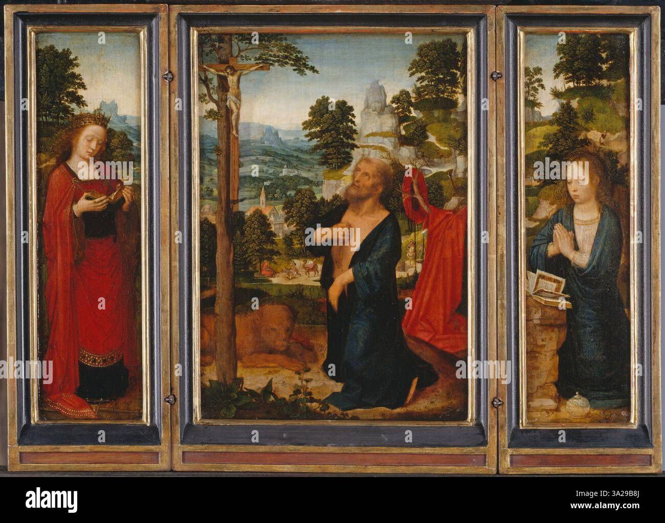 This 16th-century triptych by Adriaen Isenbrandt includes Saint Jerome, Saint Catherine, and ...