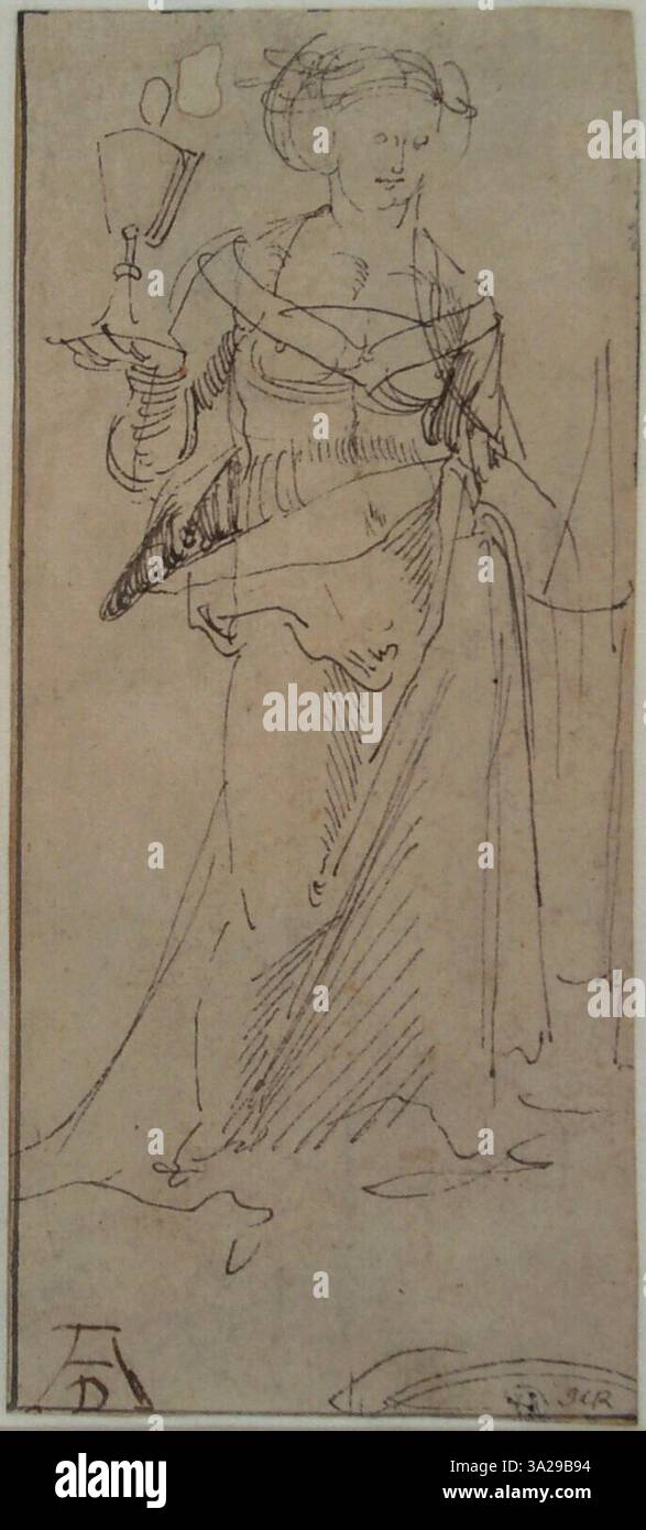 In this engraving, Dürer depicts St. Barbara holding a chalice, a ...