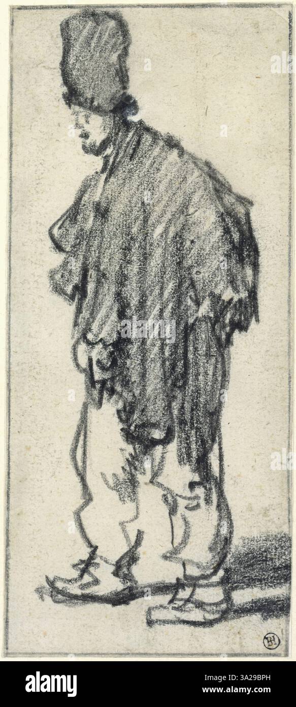This drawing depicts a beggar wearing a tall hat, shown in profile as ...