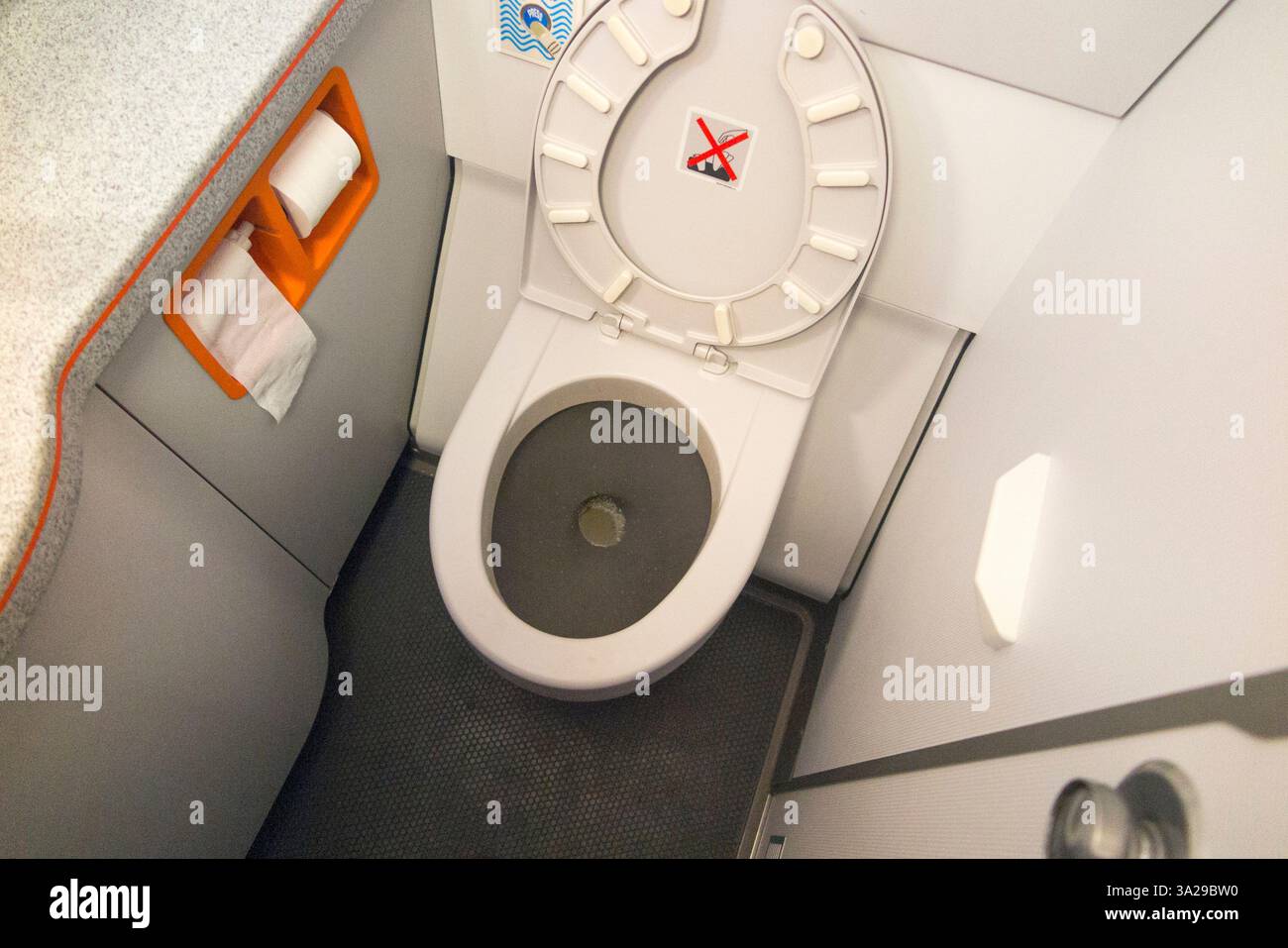 Toilet / lavatory / loo / wc of Airbus A319 plane in the bathroom on an ...