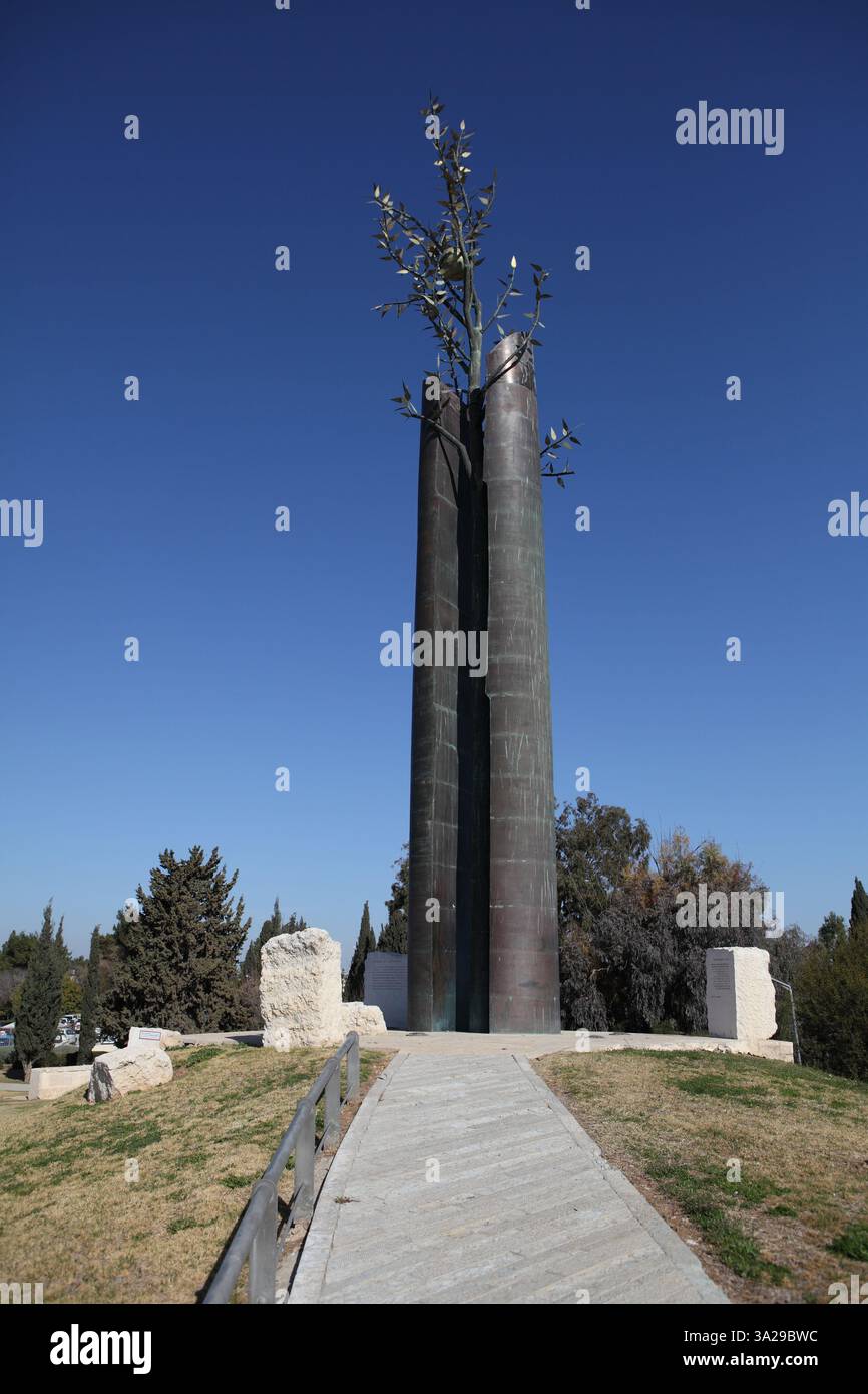 Tolerance Monument, split bronze column & olive tree promoting Israel ...