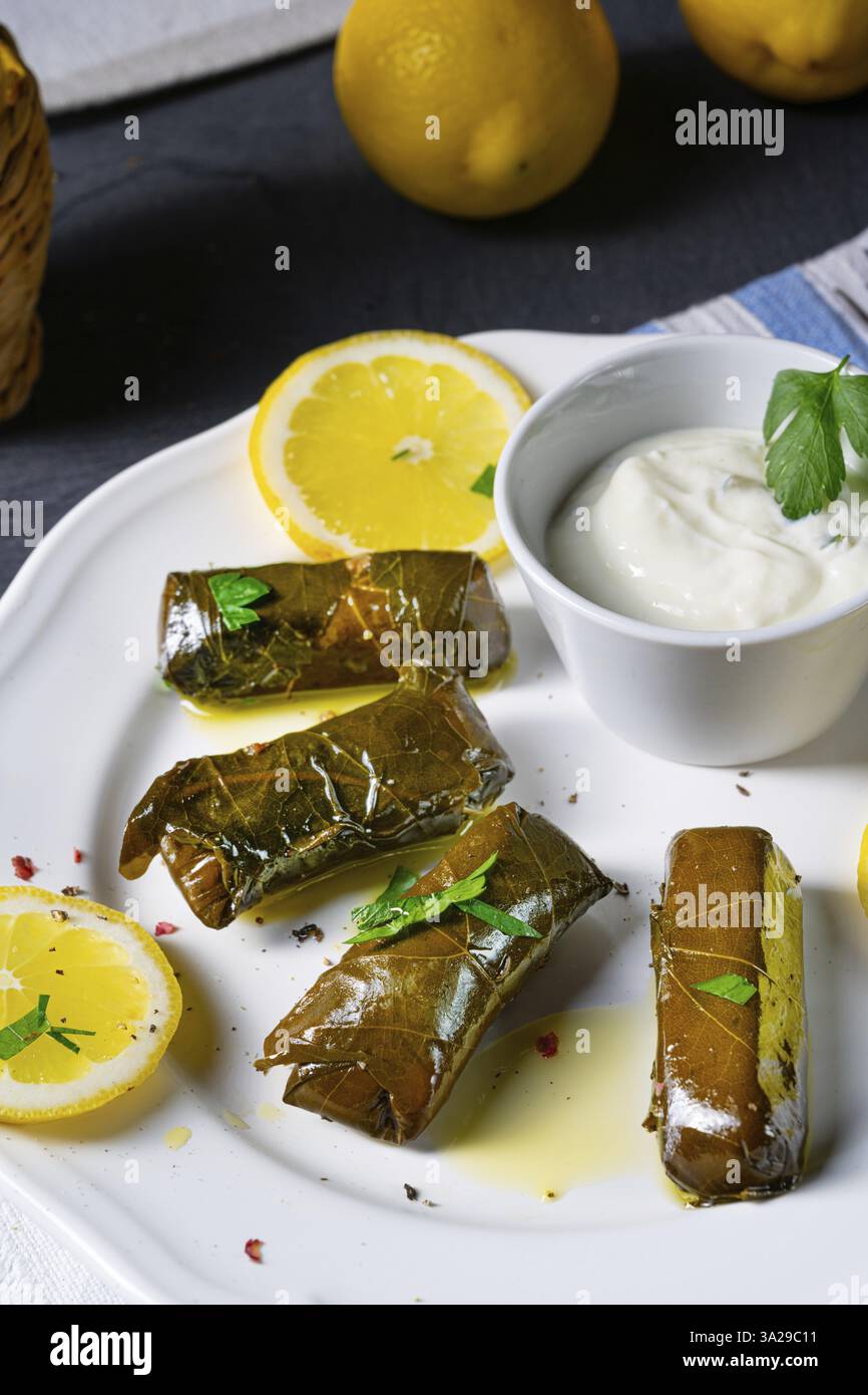 Dolmades stuffed grape leaves the Greek way Stock Photo - Alamy