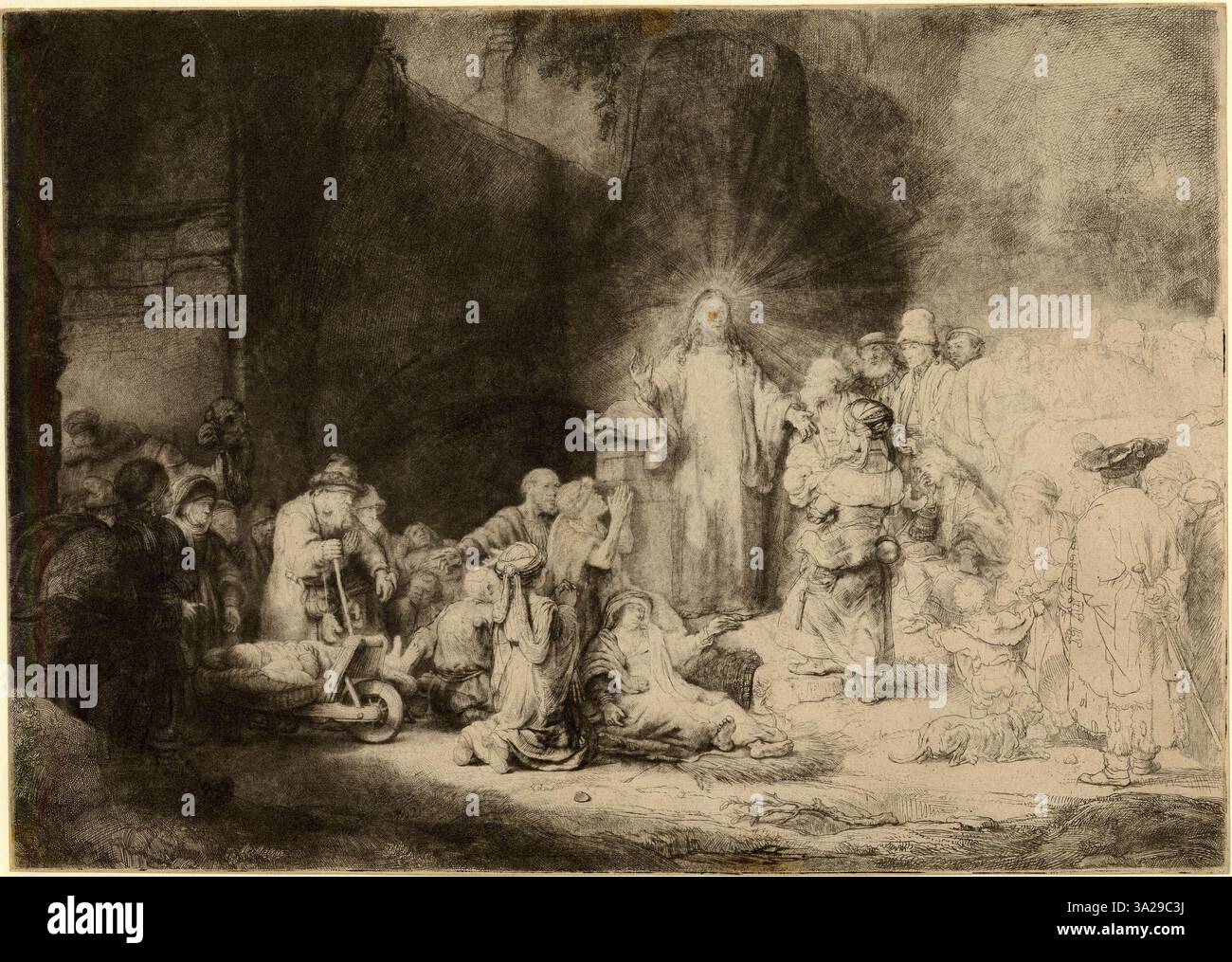 This etching by Rembrandt features a figure rendered with dynamic ...