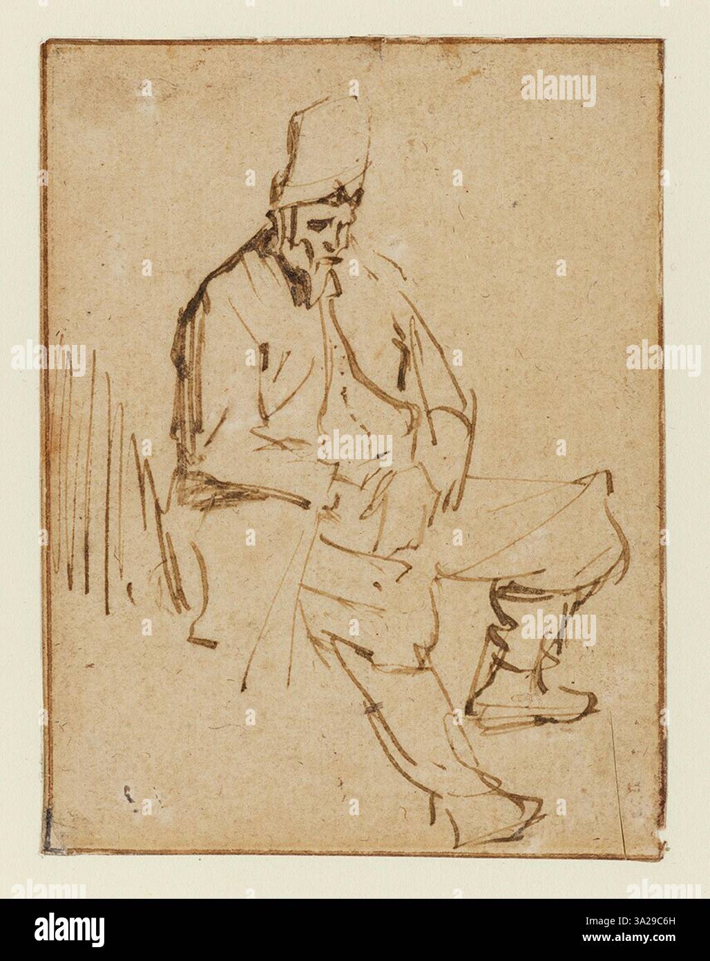 This portrait of a seated man wearing a tall cap showcases Rembrandt's ...