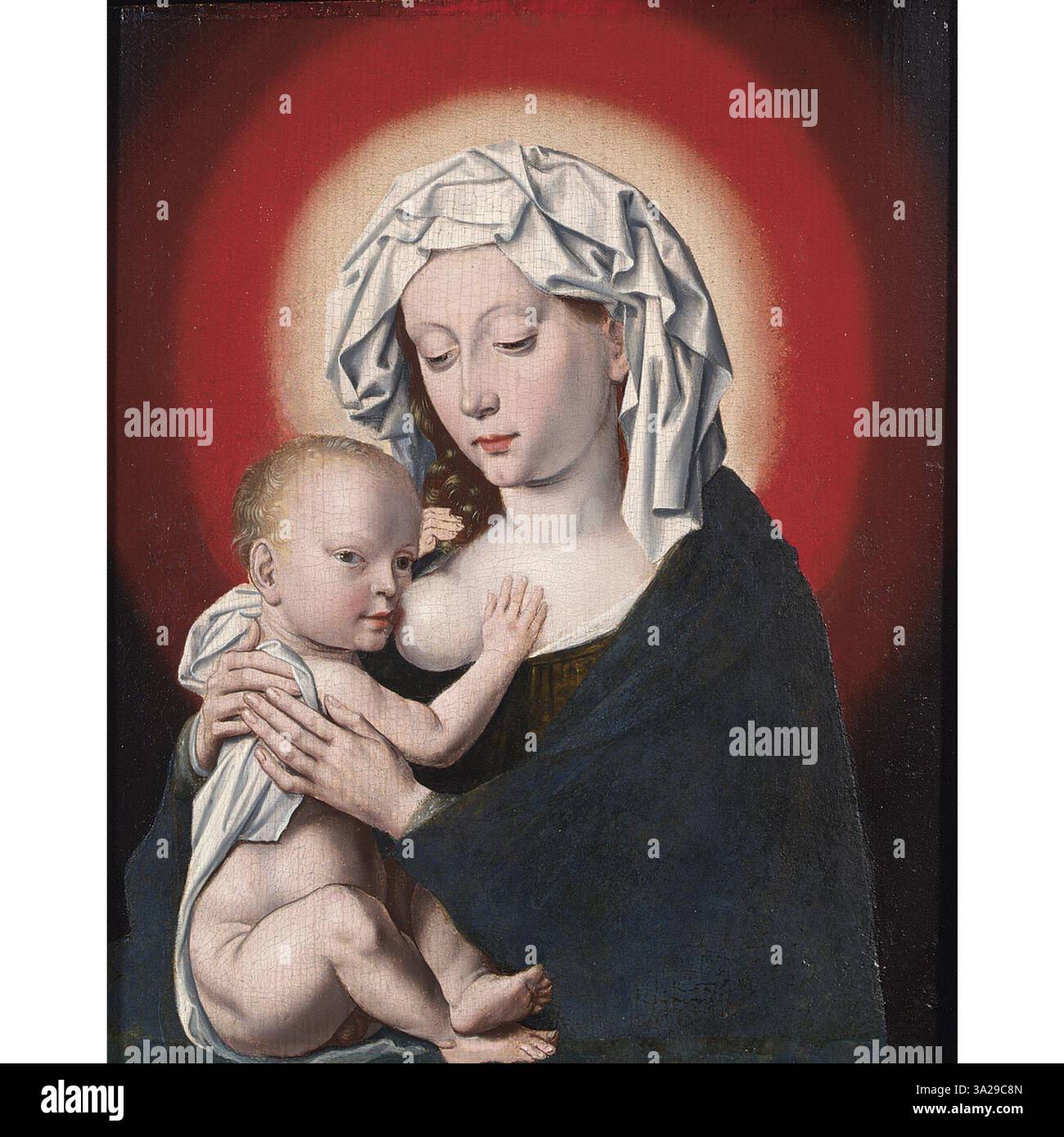 The Madonna and Child, attributed to a follower of Joos van Cleve, represents the Virgin Mary ...