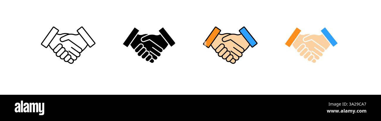 Various styles of a handshake icon in different colors and outlines ...