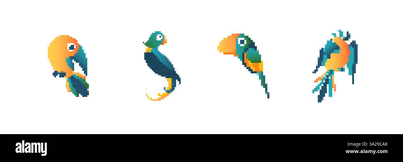 Colorful pixel art parrots in retro style facing different directions ...