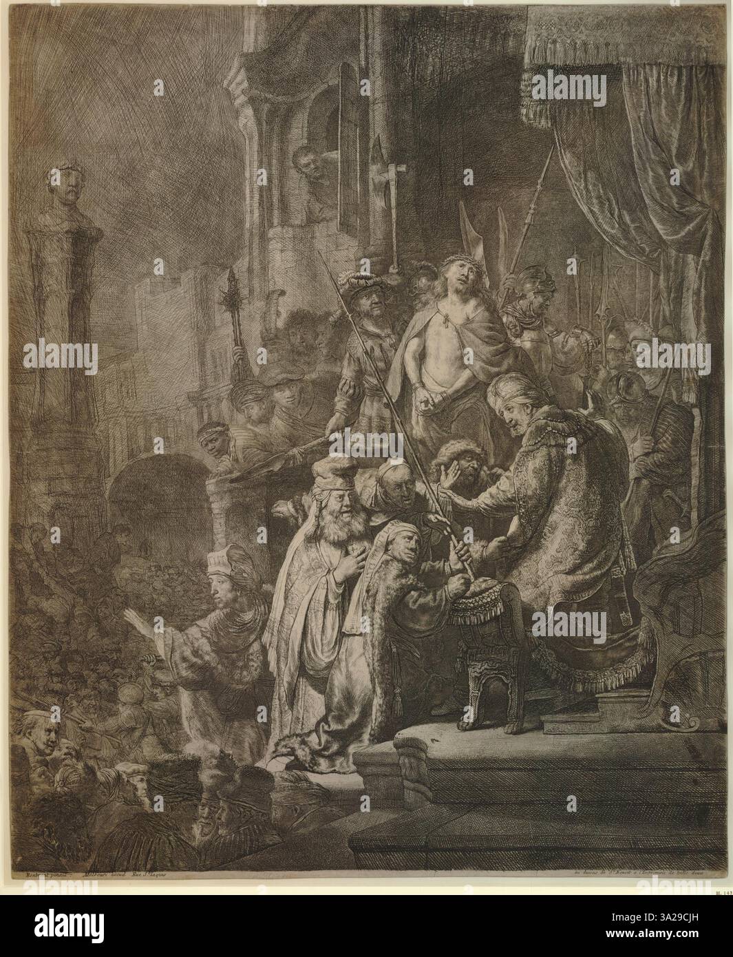This etching by Rembrandt highlights the dramatic contrast of light and ...