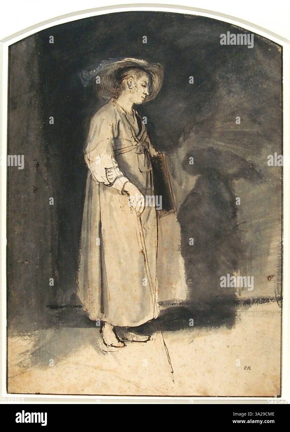 This drawing features a standing woman holding a stick. The figure’s ...